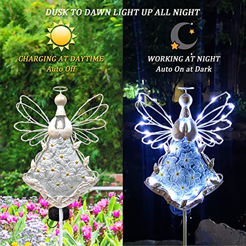 COOZZYHOUR 38Inch Angel Solar Garden Lights Outdoor Decorative -Metal&Glass Angel White Hydrangea Flower Stake Lights- Waterproof 30 Warm White LED for Remembrance Gifts & Sympathy Gifts