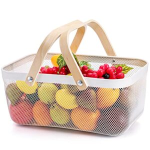 zeayea mesh storage basket with handle, garden harvest basket, mesh fruit basket bin for gathering vegetables, multi-functional metal wire basket for kitchen garden picnic cabinet, white