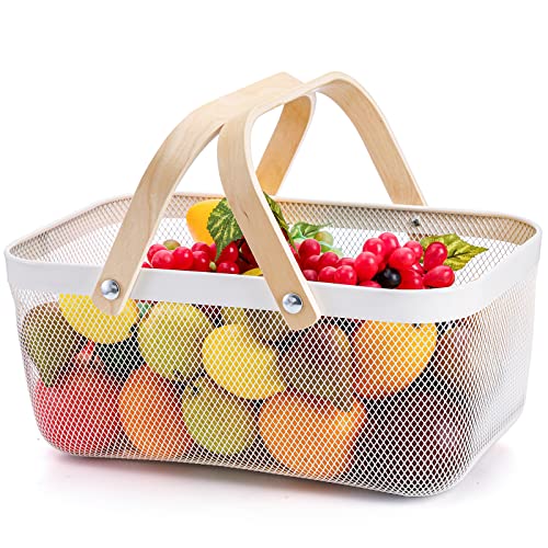 ZEAYEA Mesh Storage Basket with Handle, Garden Harvest Basket, Mesh Fruit Basket Bin for Gathering Vegetables, Multi-Functional Metal Wire Basket for Kitchen Garden Picnic Cabinet, White