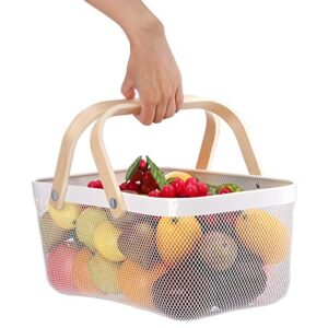 ZEAYEA Mesh Storage Basket with Handle, Garden Harvest Basket, Mesh Fruit Basket Bin for Gathering Vegetables, Multi-Functional Metal Wire Basket for Kitchen Garden Picnic Cabinet, White