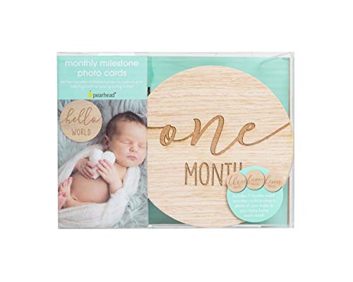 Pearhead Wooden Monthly Milestone Photo Cards, Baby Announcement Cards, Pregnancy Journey Milestone Markers, 7 Double Sided Photo Prop Milestone Discs, Light Wood