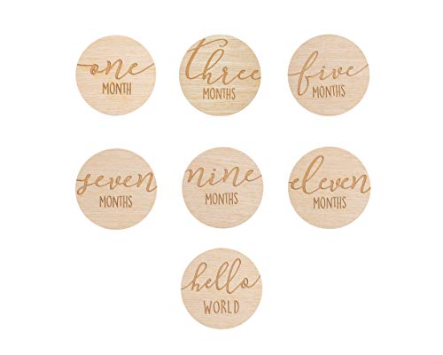 Pearhead Wooden Monthly Milestone Photo Cards, Baby Announcement Cards, Pregnancy Journey Milestone Markers, 7 Double Sided Photo Prop Milestone Discs, Light Wood