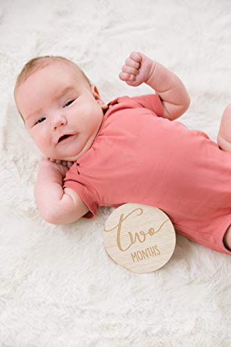 Pearhead Wooden Monthly Milestone Photo Cards, Baby Announcement Cards, Pregnancy Journey Milestone Markers, 7 Double Sided Photo Prop Milestone Discs, Light Wood