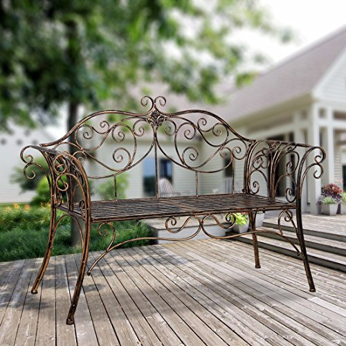 Antique Bronze Metal Garden Bench Chair 2 Seater for Garden, Yard, Patio, Porch and Sunroom