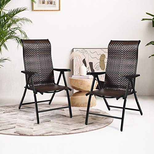 Tangkula Patio Rattan Folding Chair, Outdoor Wicker Portable Camping Chair with Widened Armrest, Foldable Chair with High Backrest for Garden Balcony Outdoor & Indoor (1)