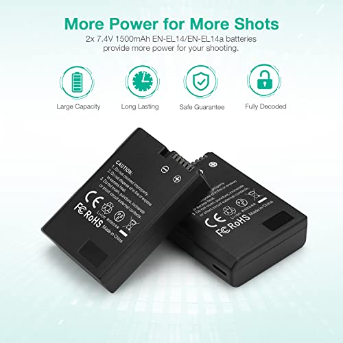 FirstPower EN-EL14/EN-EL14a Battery and USB Dual Charger Compatible with Nikon D3100 D3200 D3300 D3400 D3500 D5100 D5200 D5300 D5500 D5600 DF Coolpix P7000 P7100 P7700 P7800 Camera