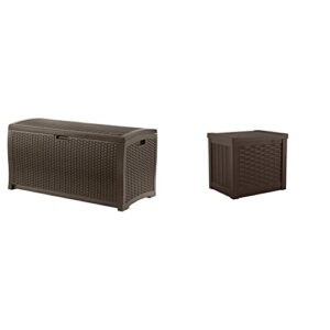 suncast 99 gallon resin wicker patio outdoor storage container for toys, furniture deck box, mocha & suncast 22 gallon small resin storage seat, java, ssw600j