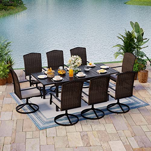 MIXPATIO 9 Pcs Outdoor Patio Dining Set for 8, Patio Furniture Set, Expandable Metal Dining Table and Rattan Wicker Cushioned Swivel Chairs, for Patio, Deck, Yards, Poolside