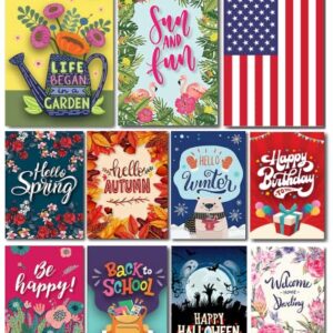 Lovely Flag Seasonal Garden Flag Set of 11| 12.5" x 18" | Double Sided | Double Stitched | Proudly Designed in USA | Garden House Yard Weather Resistant | American Flag Garden Summer Spring Flag/ Happy Birthday/ Be Happy/ Back to School/ Welcome/ Hallowee