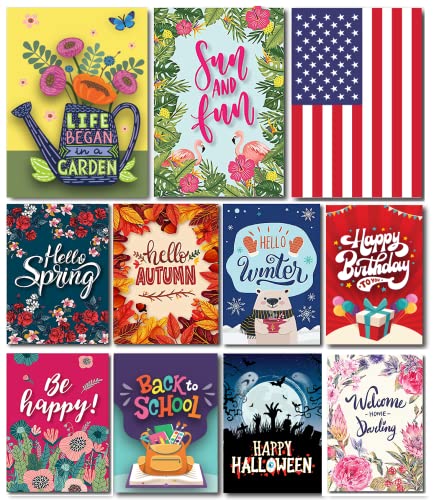 Lovely Flag Seasonal Garden Flag Set of 11| 12.5" x 18" | Double Sided | Double Stitched | Proudly Designed in USA | Garden House Yard Weather Resistant | American Flag Garden Summer Spring Flag/ Happy Birthday/ Be Happy/ Back to School/ Welcome/ Hallowee