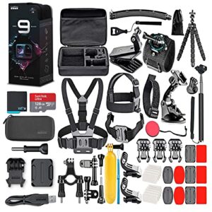 gopro hero9 black – waterproof action camera with front lcd, touch rear screens, 5k video, 20mp photos, 1080p live streaming, stabilization + 128gb card and 50 piece accessory kit.