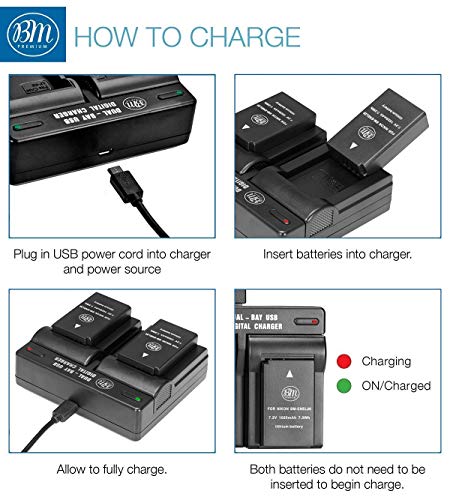 BM Premium Pack of 2 ENEL20, EN-EL20a Batteries and USB Dual Battery Charger for Nikon Coolpix P950, P1000, DL24-500, Coolpix A, 1 AW1, 1 J1, 1 J2, 1 J3, 1 S1, 1 V3 Digital Camera