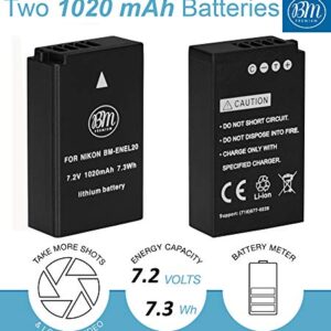 BM Premium Pack of 2 ENEL20, EN-EL20a Batteries and USB Dual Battery Charger for Nikon Coolpix P950, P1000, DL24-500, Coolpix A, 1 AW1, 1 J1, 1 J2, 1 J3, 1 S1, 1 V3 Digital Camera