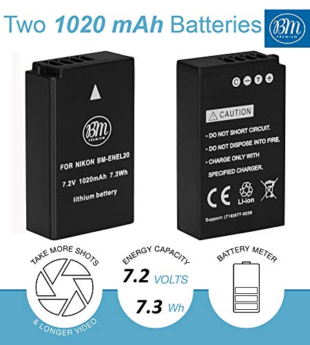 BM Premium Pack of 2 ENEL20, EN-EL20a Batteries and USB Dual Battery Charger for Nikon Coolpix P950, P1000, DL24-500, Coolpix A, 1 AW1, 1 J1, 1 J2, 1 J3, 1 S1, 1 V3 Digital Camera