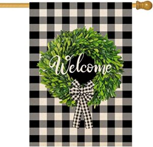 molili welcome spring boxwood wreath garden house flag burlap vertical double sided summer buffalo check plaid bow-knot rustic farmhouse flag yard outdoor farm decoration 28 x 40 inch