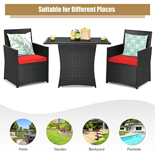 FEER 3PCS Patio Rattan Furniture Set Cushioned Sofa Armrest Garden Deck Red Suitable for Patio, Porch, Garden and Balcony, Etc