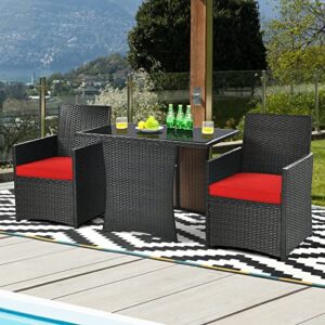 FEER 3PCS Patio Rattan Furniture Set Cushioned Sofa Armrest Garden Deck Red Suitable for Patio, Porch, Garden and Balcony, Etc