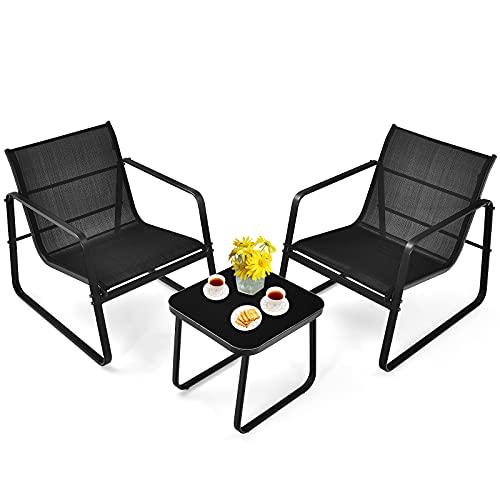 Tangkula 3 Pieces Outdoor Conversation Set, Patiojoy All-Weather Patio Furniture Set with Breathable Fabric and Steel Frame, Bistro Chat Set for Porch, Garden, Backyard (Black)