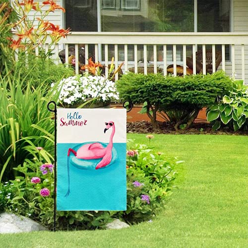 Hello Summer Flamingo Garden Flag Vertical Double Sided 12.5 x 18 Inch Welcome Summer Flag Yard Lawn Porch Patio Outdoor Decoration