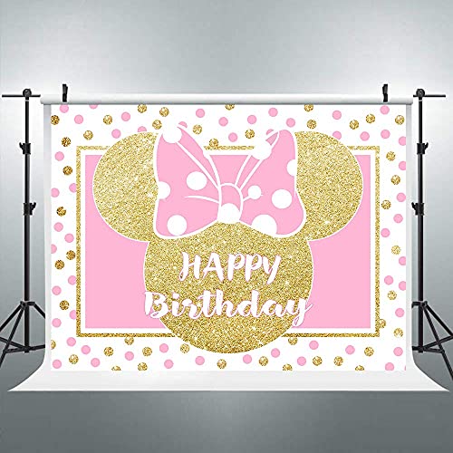 Riyidecor 7x5ft Happy Birthday Backdrop Mouse Pink Gold Polka Dots Princess Girl Photography Background Newborn Baby Shower Party Decoration Celebration Banner Props Photo Shoot Studio Fabric Cloth