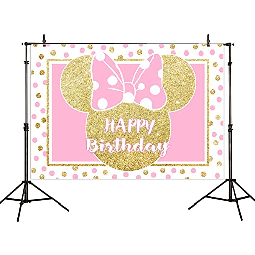 Riyidecor 7x5ft Happy Birthday Backdrop Mouse Pink Gold Polka Dots Princess Girl Photography Background Newborn Baby Shower Party Decoration Celebration Banner Props Photo Shoot Studio Fabric Cloth