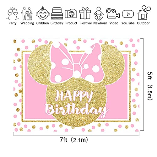 Riyidecor 7x5ft Happy Birthday Backdrop Mouse Pink Gold Polka Dots Princess Girl Photography Background Newborn Baby Shower Party Decoration Celebration Banner Props Photo Shoot Studio Fabric Cloth