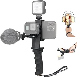 2in1 ergonomic portable action camera+smartphone syn hand grip stabilizer combo mount video vlogging rig holder kit for gopro iphone interview travel youtube tiktok streaming-mic+light adapter