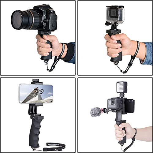 2in1 Ergonomic Portable Action Camera+Smartphone SYN Hand Grip Stabilizer Combo Mount Video Vlogging Rig Holder Kit for GoPro iPhone Interview Travel YouTube Tiktok Streaming-Mic+Light Adapter