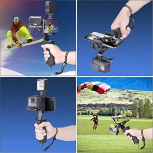 2in1 Ergonomic Portable Action Camera+Smartphone SYN Hand Grip Stabilizer Combo Mount Video Vlogging Rig Holder Kit for GoPro iPhone Interview Travel YouTube Tiktok Streaming-Mic+Light Adapter