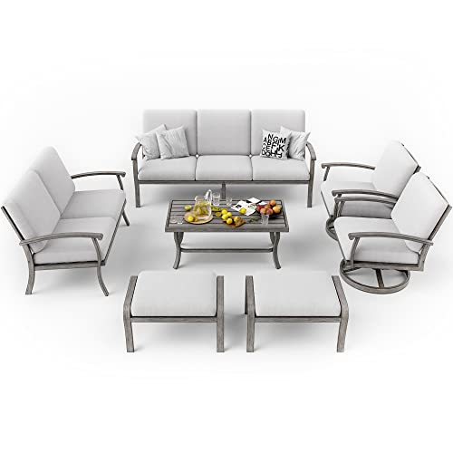 HAPPATIO 7 Piece Aluminum Patio Furniture Set, 3-Seat Outdoor Loveseat, All-Weather Outdoor Sectional Sofa with Ottomans and Coffee Table, Garden Conversation Set with Swivel Armchairs for Lawn (Gray)