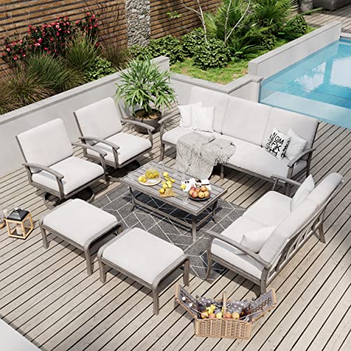 HAPPATIO 7 Piece Aluminum Patio Furniture Set, 3-Seat Outdoor Loveseat, All-Weather Outdoor Sectional Sofa with Ottomans and Coffee Table, Garden Conversation Set with Swivel Armchairs for Lawn (Gray)