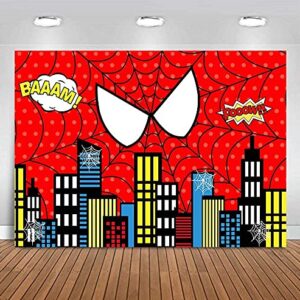 Red Spider Web Photography Backdrop Baby Shower Photo Booth Studio Props Supplies Super Heros Cityscape Photo Background Vinyl 5x3ft Children Boys 1st Birthday Party Banner Decorations Dessert Table