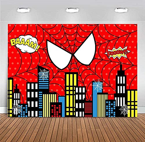 Red Spider Web Photography Backdrop Baby Shower Photo Booth Studio Props Supplies Super Heros Cityscape Photo Background Vinyl 5x3ft Children Boys 1st Birthday Party Banner Decorations Dessert Table