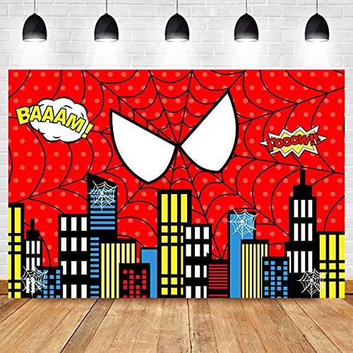 Red Spider Web Photography Backdrop Baby Shower Photo Booth Studio Props Supplies Super Heros Cityscape Photo Background Vinyl 5x3ft Children Boys 1st Birthday Party Banner Decorations Dessert Table