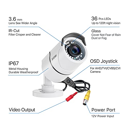 ZOSI 2.0MP 1080p Security Camera 4-in-1 TVI/CVI/AHD/CVBS Surveillance Bullet Camera Indoor Outdoor,120ft Night Vision,Aluminum Metal Housing,Work for 960H,720P,1080P,5MP,4K analog CCTV DVR(White)