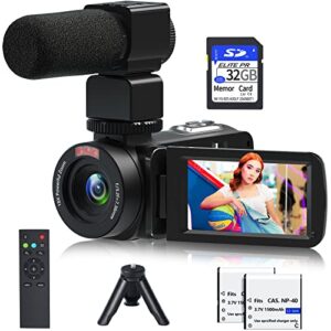 video camera, 1080p 30mp camcorder ir night vision vlogging camera for youtube, remote control 3.0″ touch screen 18x digital zoom camera recorder with microphone, mini tripod 2 battries, 32gb sd card