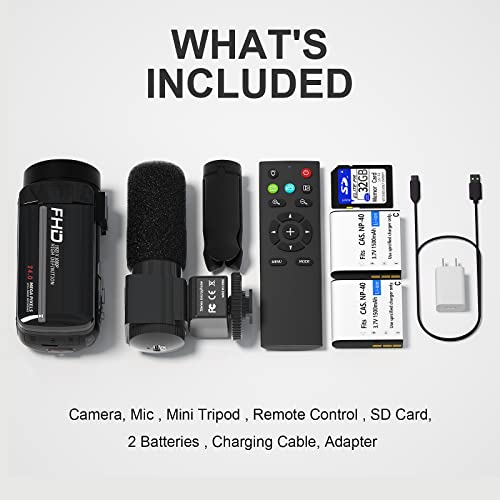 Video Camera, 1080P 30MP Camcorder IR Night Vision Vlogging Camera for YouTube, Remote Control 3.0" Touch Screen 18X Digital Zoom Camera Recorder with Microphone, Mini Tripod 2 Battries, 32GB SD Card