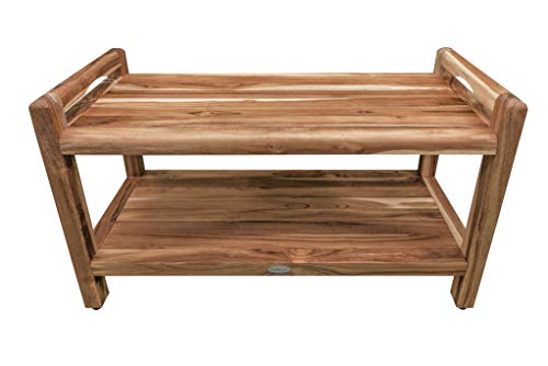 EcoDecors EarthyTeak Shower Bench Eleganto Wooden seat Garden Bench with LiftAide Arms 35" Long Natural Teak Patio Bench Wood Shower Bench for Indoor and Outdoor Use