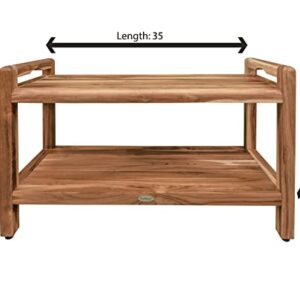 EcoDecors EarthyTeak Shower Bench Eleganto Wooden seat Garden Bench with LiftAide Arms 35" Long Natural Teak Patio Bench Wood Shower Bench for Indoor and Outdoor Use