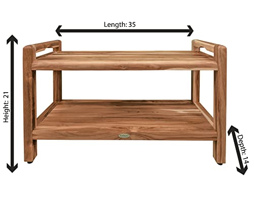 EcoDecors EarthyTeak Shower Bench Eleganto Wooden seat Garden Bench with LiftAide Arms 35" Long Natural Teak Patio Bench Wood Shower Bench for Indoor and Outdoor Use