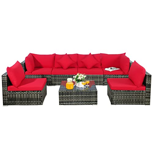 Acquire 7PCS Patio Rattan Furniture Set Sectional Sofa Garden Red Cushion Outdoor Patio Furniture Set