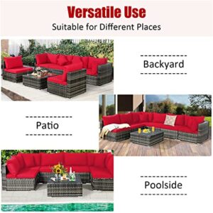 Acquire 7PCS Patio Rattan Furniture Set Sectional Sofa Garden Red Cushion Outdoor Patio Furniture Set