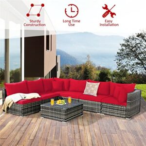 Acquire 7PCS Patio Rattan Furniture Set Sectional Sofa Garden Red Cushion Outdoor Patio Furniture Set