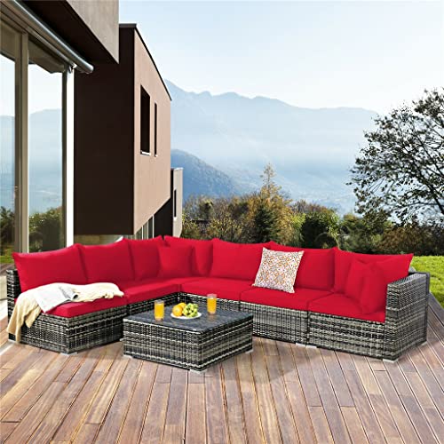 Acquire 7PCS Patio Rattan Furniture Set Sectional Sofa Garden Red Cushion Outdoor Patio Furniture Set