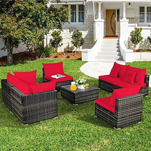 Acquire 7PCS Patio Rattan Furniture Set Sectional Sofa Garden Red Cushion Outdoor Patio Furniture Set