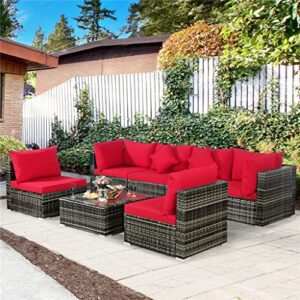 Acquire 7PCS Patio Rattan Furniture Set Sectional Sofa Garden Red Cushion Outdoor Patio Furniture Set