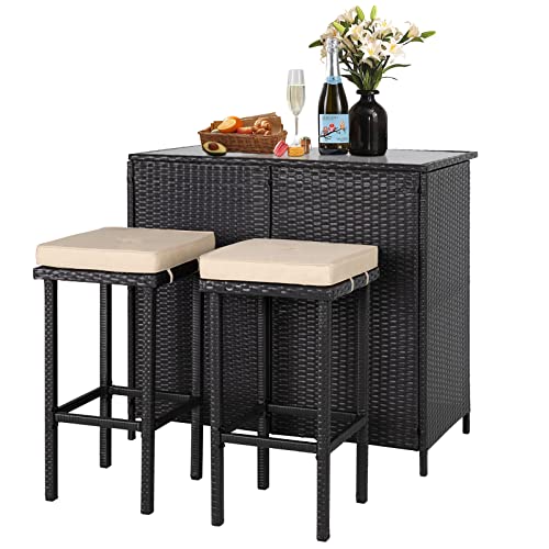 Cemeon Outdoor Bar 3-Piece Patio Bar Set with Two Stools and Glass Top Bar Table Brown Wicker Patio Furniture with Removable Cushions