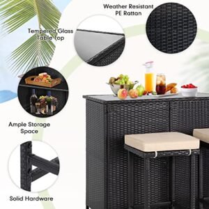 Cemeon Outdoor Bar 3-Piece Patio Bar Set with Two Stools and Glass Top Bar Table Brown Wicker Patio Furniture with Removable Cushions