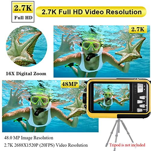 Waterproof Digital Camera Underwater Camera Full HD 2.7K 48 MP Video Recorder Selfie Dual Screens 16X Digital Zoom Flashlight Waterproof Camera for Snorkeling (Yellow)