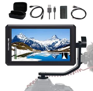 feelworld f6+battery+ integrated battery charger + micro&mini hdmi cords 5.7inch fhd ips on camera 4k hdmi monitor with swivel arm and 8v dc power output